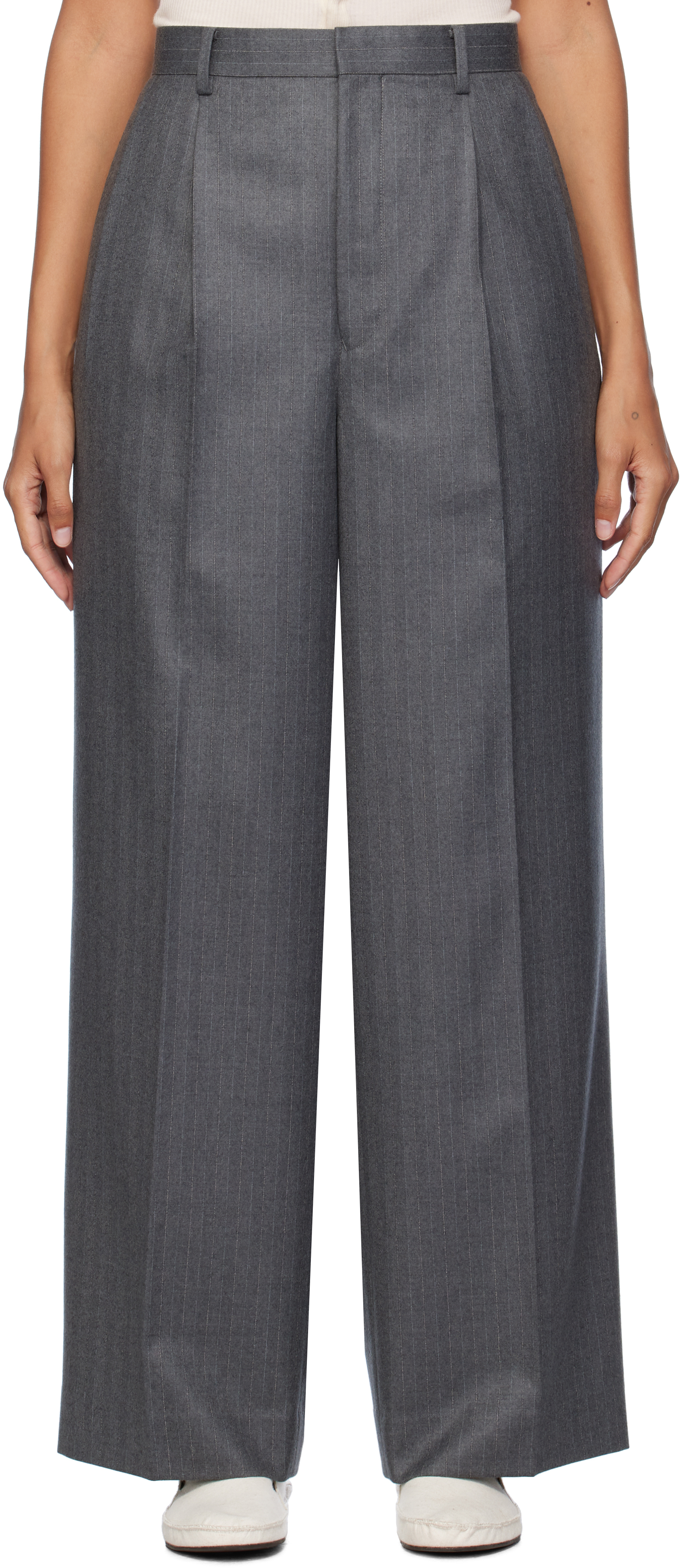 Auralee Wool Fulling Flannel Stripe Trousers In Top Gray - 60% Off